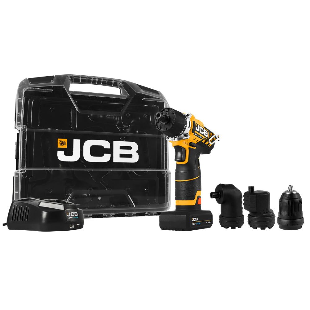 JCB 12V Cordless 4-in-1 Drill Driver 2x 2.0AH Li-ion Batteries in W-Bo