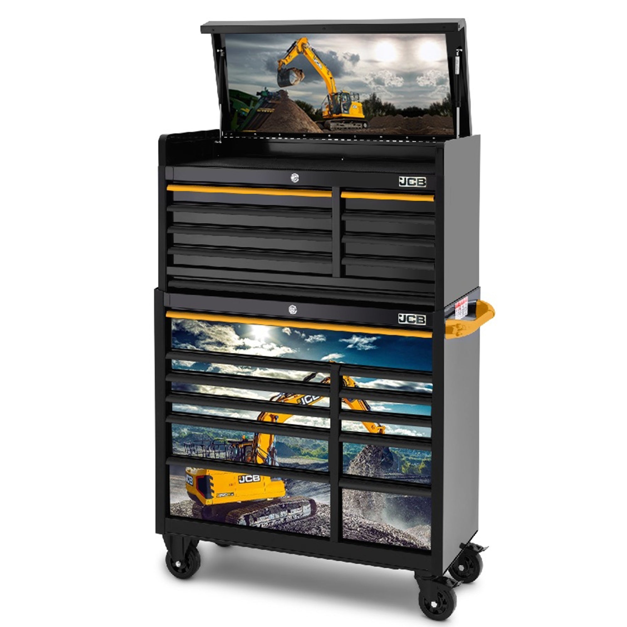 JCB 42’’ Roller Cabinet and Top Tool Chest Stack with Excavator Wrap